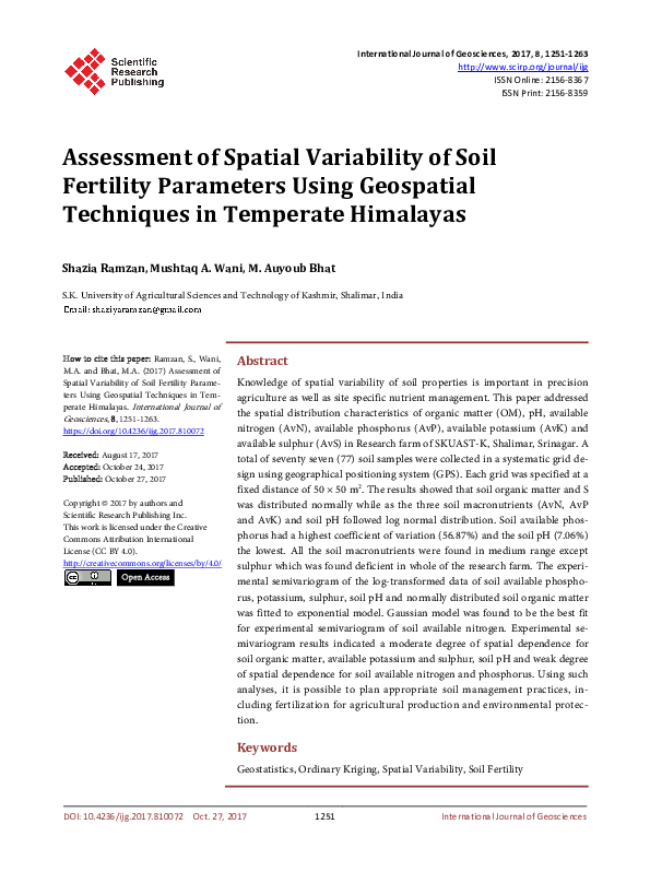 (PDF) Assessment of Spatial Variability of Soil Fertility Parameters Using Geospatial Techniques ...