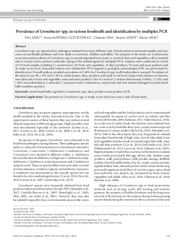 Pdf Prevalence Of Cronobacter Spp In Various Foodstuffs And Identification By Multiplex Pcr