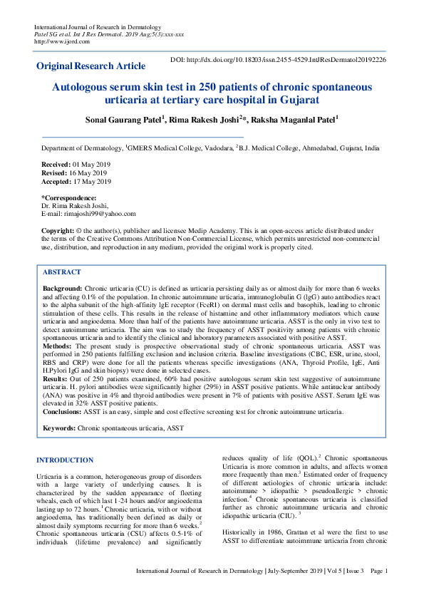 (PDF) Autologous serum skin test in 250 patients of chronic spontaneous ...