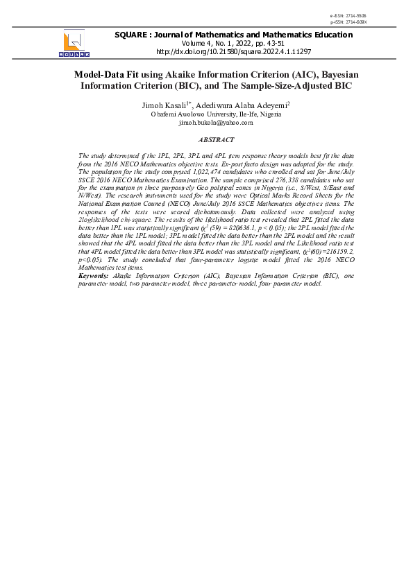 (PDF) Model-Data Fit using Akaike Information Criterion (AIC), Bayesian ...