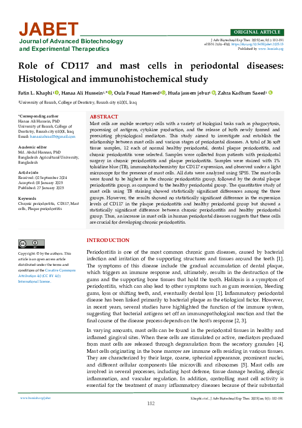 (PDF) Role of CD117 and mast cells in periodontal diseases: Histological and immunohistochemical ...