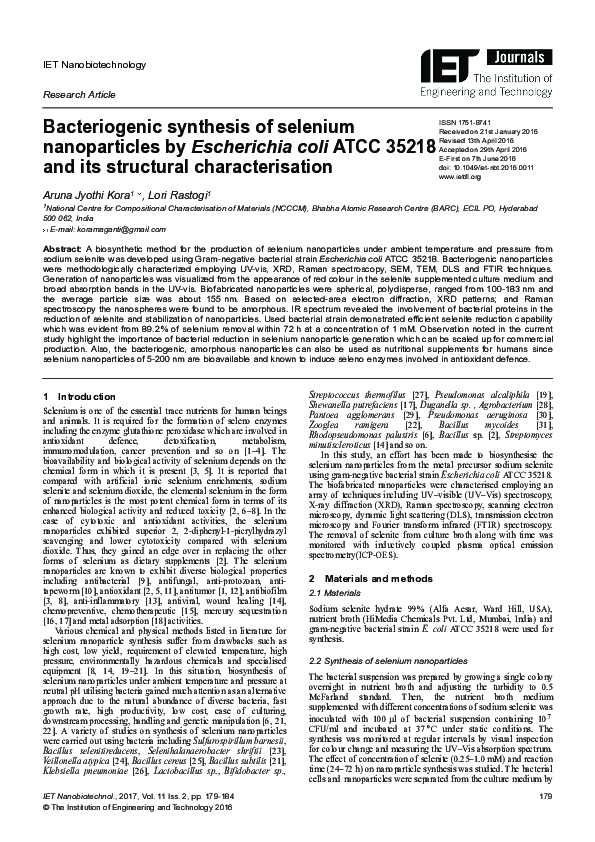Pdf Bacteriogenic Synthesis Of Selenium Nanoparticles By Escherichia