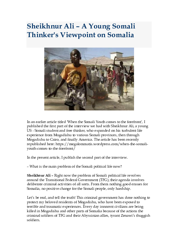 (PDF) Sheikhnur Ali – A Young Somali Thinker's Viewpoint on Somalia