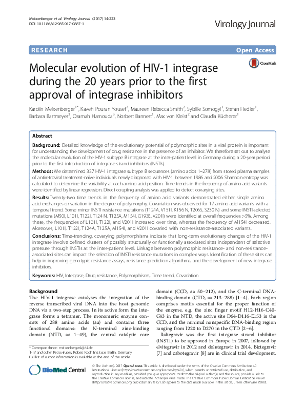 (PDF) Molecular evolution of HIV-1 integrase during the 20 years prior to the first approval of ...