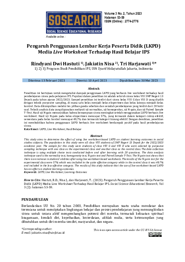 (PDF) Pengaruh Penggunaan Lembar Kerja Peserta Didik (LKPD) Media Live Worksheet Terhadap Hasil ...