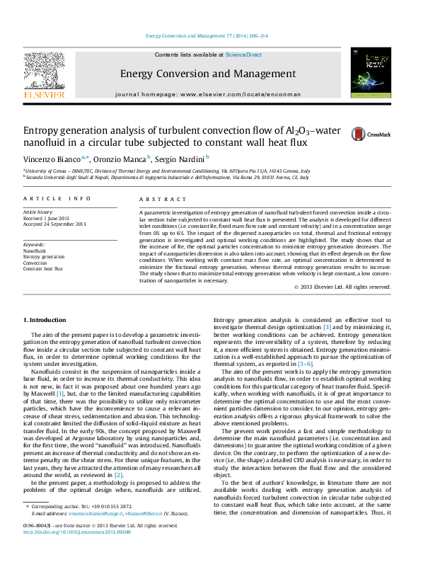 (PDF) Entropy generation analysis of turbulent convection flow of Al2O3–water nanofluid in a ...