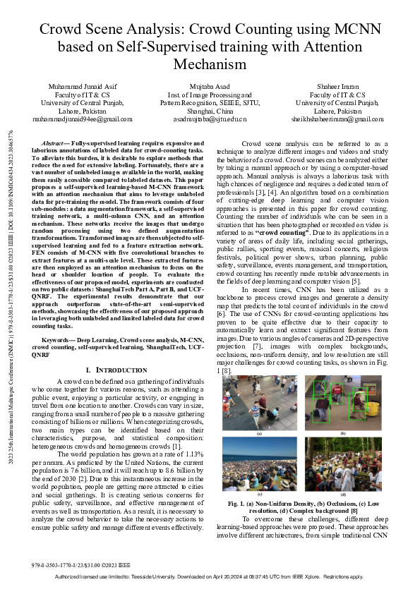 (PDF) Crowd Scene Analysis: Crowd Counting using MCNN based on Self-Supervised training with ...
