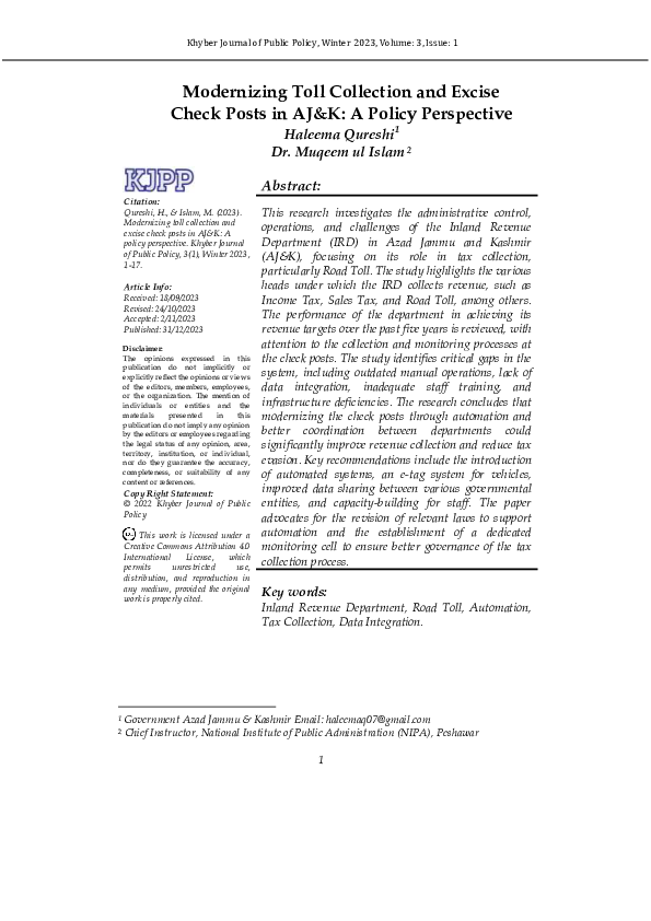 (PDF) Modernizing Toll Collection and Excise Check Posts in AJ&K: A ...