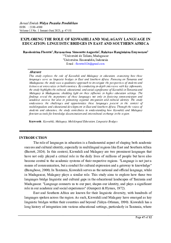 (PDF) EXPLORING THE ROLE OF KISWAHILI AND MALAGASY LANGUAGE IN ...
