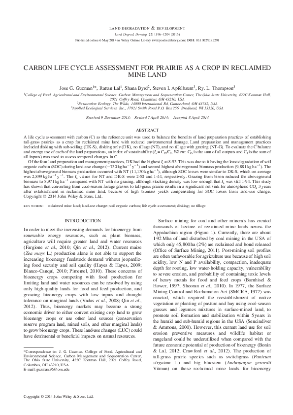 (PDF) Carbon Life Cycle Assessment for Prairie as a Crop in Reclaimed ...