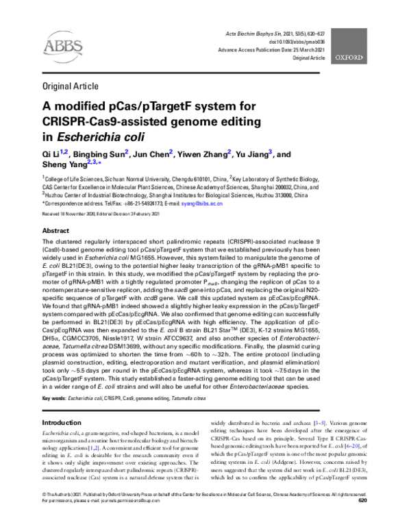 (PDF) A modified pCas/pTargetF system for CRISPR-Cas9-assisted genome editing in Escherichia coli