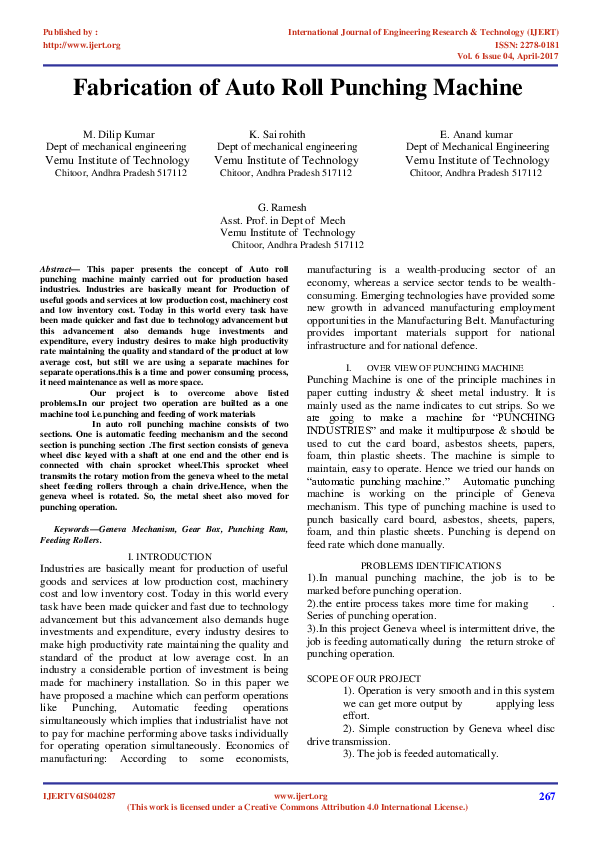 (PDF) Fabrication of Auto Roll Punching Machine