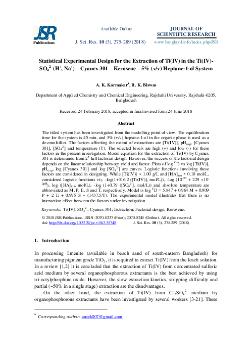(PDF) Statistical Experimental Design for the Extraction of Ti(IV) in the Ti(IV)-SO 4 2- (H ...