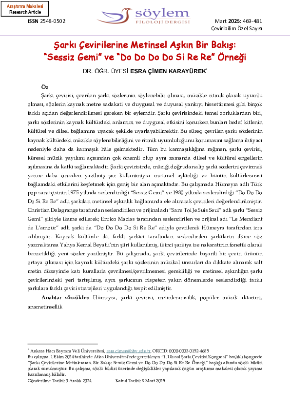 (PDF) Şarkı Çevirilerine Metinsel Aşkın Bir Bakış: “Sessiz Gemi” ve “Do ...