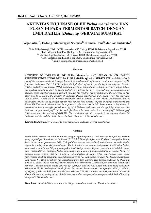 (PDF) AKTIVITAS INULINASE OLEH Pichia manshurica DAN FUSAN F4 PADA FERMENTASI BATCH DENGAN UMBI ...