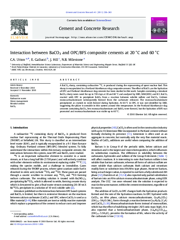 (PDF) Interaction between BaCO 3 and OPC/BFS composite cements at 20 °C and 60 °C