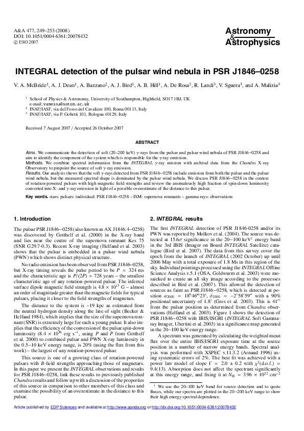 (PDF) INTEGRAL detection of the pulsar wind nebula in PSR J1846–0258
