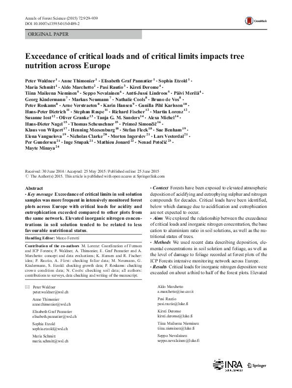 (PDF) Exceedance of critical loads and of critical limits impacts tree nutrition across Europe