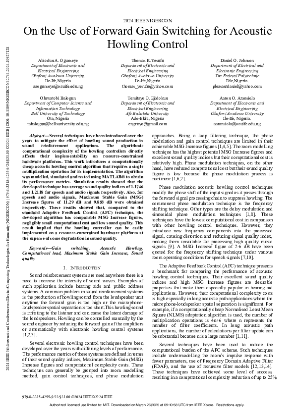 (PDF) On the Use of Forward Gain Switching for Acoustic Howling Control