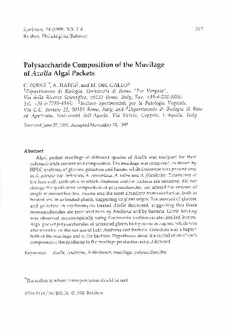 (PDF) Polysaccharide composition of the mucilage of Azolla algal packets