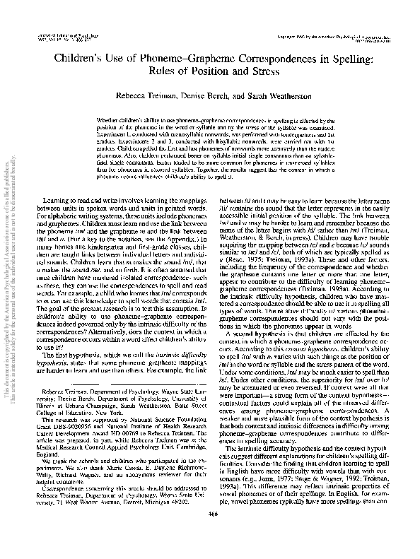 (PDF) Children's use of phoneme^grapheme correspondences in spelling ...