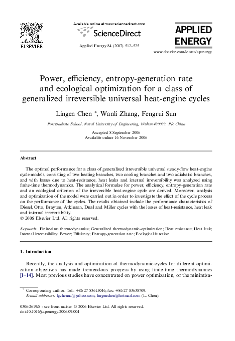 (PDF) Power, Efficiency, Entropy Generation Rate and Ecological Optimization of an Irreversible ...