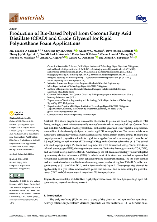 (PDF) Production of Bio-based Polyol from Coconut Fatty Acid Distillate (CFAD) and Crude ...