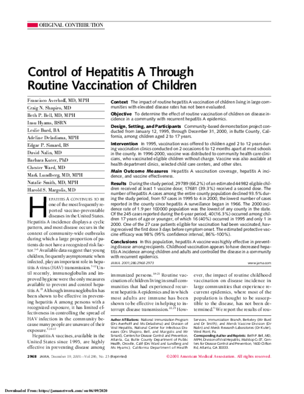 (PDF) Control of Hepatitis A Through Routine Vaccination of Children