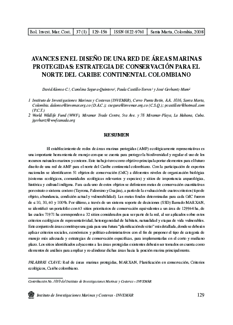 (PDF) AVANCES EN EL DISEÑO DE UNA RED DE ÁREAS MARINAS PROTEGIDAS ...