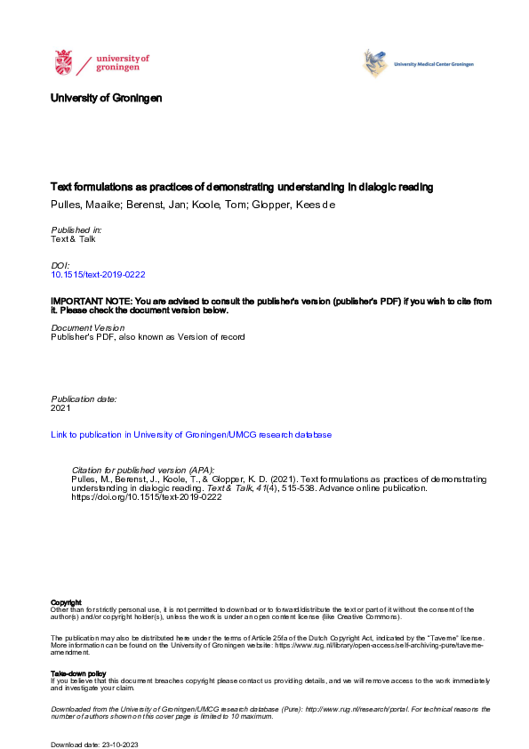 (PDF) Text formulations as practices of demonstrating understanding in dialogic reading