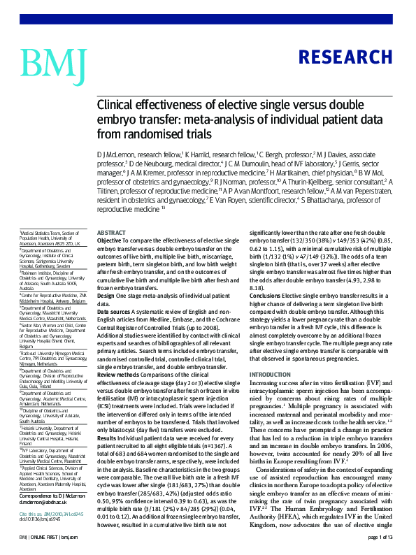 (PDF) Clinical effectiveness of elective single versus double embryo transfer: meta-analysis of ...