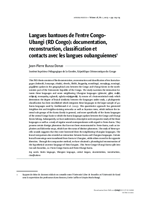 (PDF) Langues bantoues de l’entre Congo-Ubangi (RD Congo ...