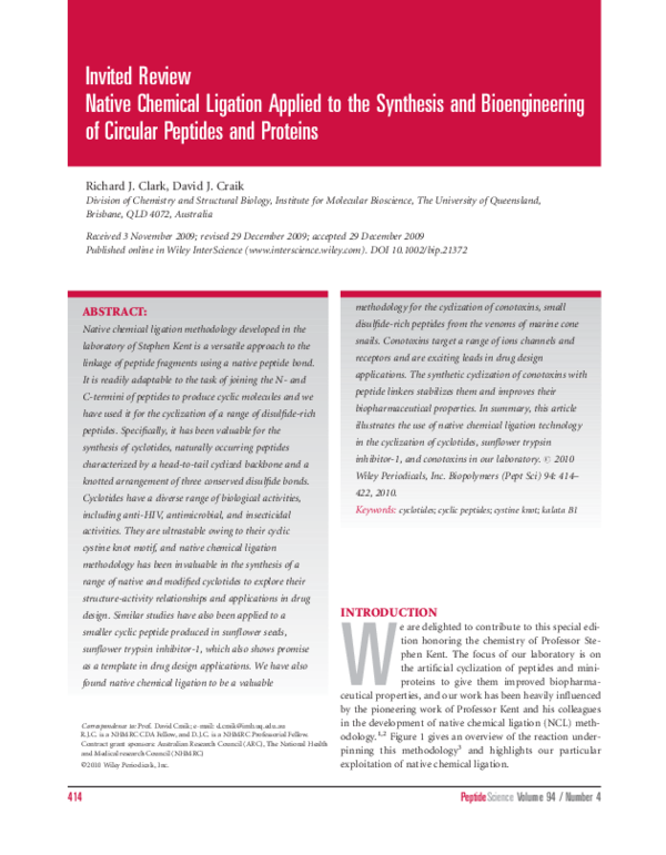 (PDF) Invited reviewnative chemical ligation applied to the synthesis and bioengineering of ...