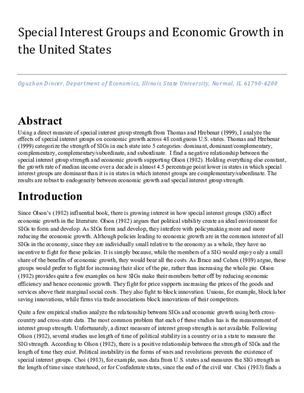 (PDF) Special Interest Groups and Economic Growth in the United States
