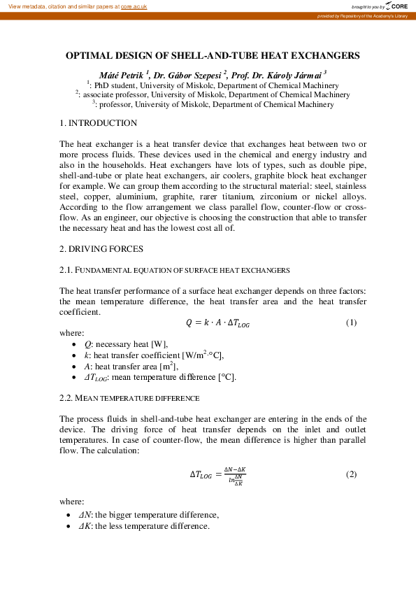 (PDF) Optimal design of shell-and-tube heat exchangers
