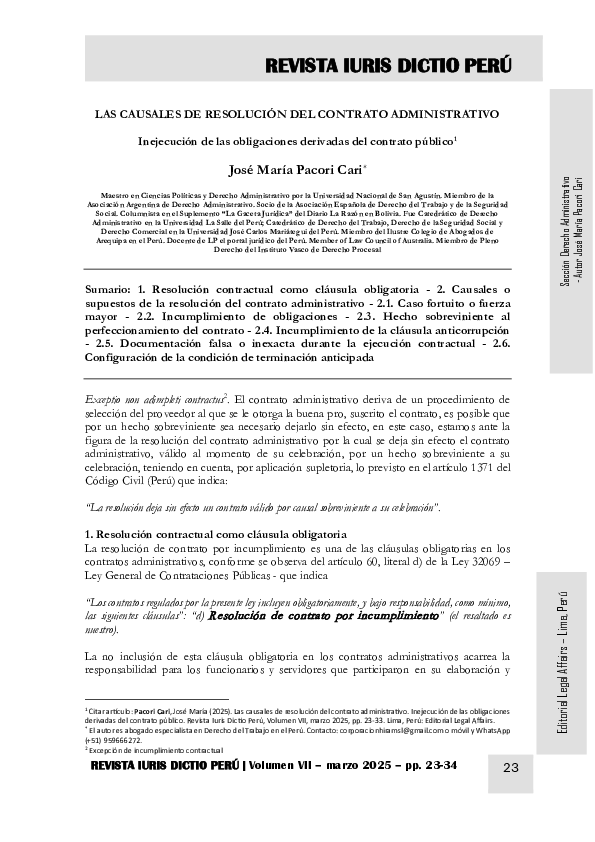 (PDF) LAS CAUSALES DE RESOLUCIÓN DEL CONTRATO ADMINISTRATIVO - AUTOR JOSÉ MARÍA PACORI CARI