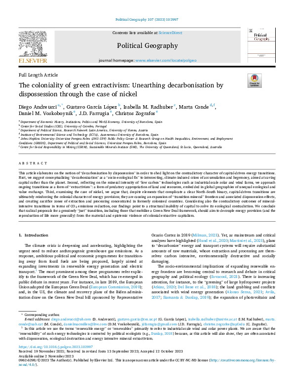(PDF) The coloniality of green extractivism: Unearthing decarbonisation ...