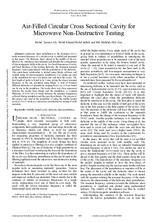Pdf Air Filled Circular Cross Sectional Cavity For Microwave Non Destructive Testing