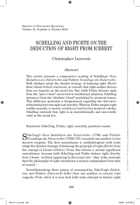 (PDF) Schelling and Fichte on the Deduction of Right from Ichheit ...