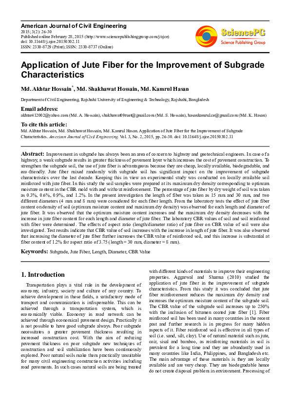 (PDF) Application of Jute Fiber for the Improvement of Subgrade ...