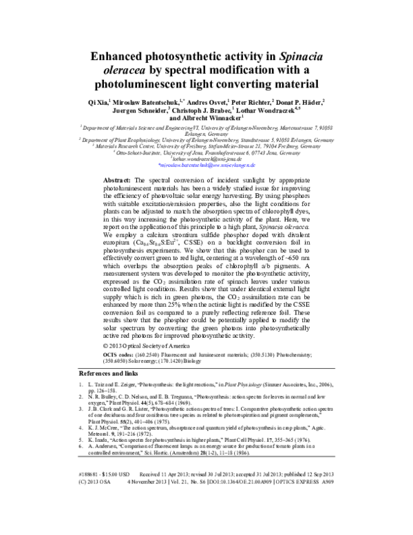 (PDF) Enhanced photosynthetic activity in Spinacia oleracea by spectral ...