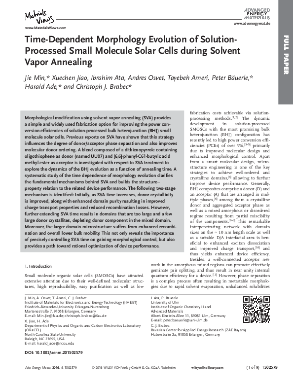 (PDF) Time‐Dependent Morphology Evolution of Solution‐Processed Small Molecule Solar Cells ...