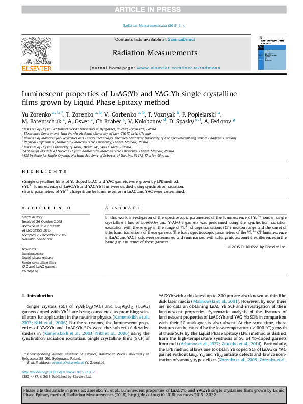 (PDF) Luminescent properties of LuAG:Yb and YAG:Yb single crystalline ...