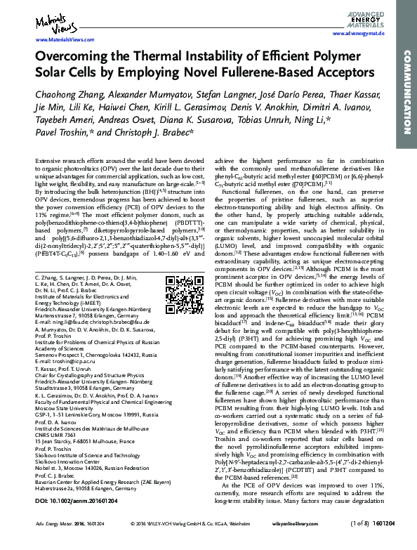 (PDF) Overcoming the Thermal Instability of Efficient Polymer Solar Cells by Employing Novel ...