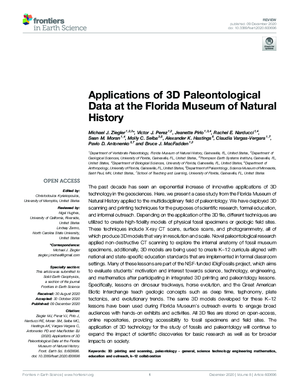 (PDF) Applications of 3D Paleontological Data at the Florida Museum of ...