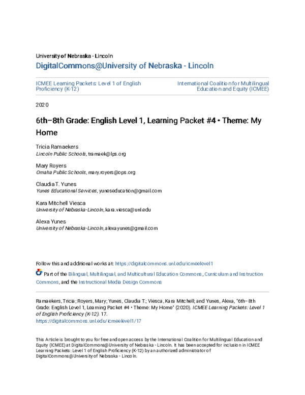 (PDF) 6th–8th Grade: English Level 1, Learning Packet #4 • Theme: My Home