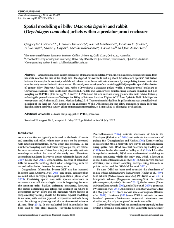 (PDF) Spatial modelling of bilby (Macrotis lagotis) and rabbit (Oryctolagus cuniculus) pellets ...