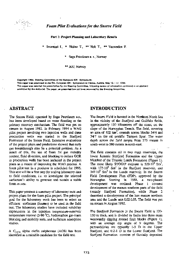 (PDF) Foam Pilot Evaluations for the Snorre Field, Part 1: Project and Laboratory Results