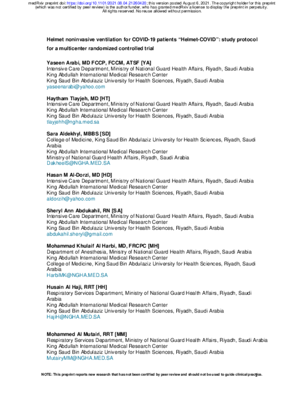 (PDF) Helmet Non-Invasive Ventilation for COVID-19 Patients (Helmet ...