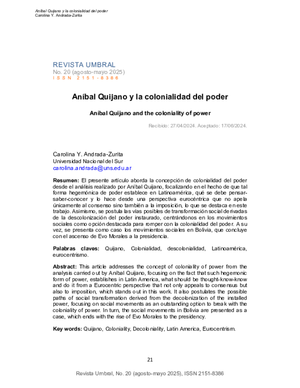 (PDF) Aníbal Quijano y la colonialidad del poder